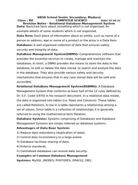 Rdbms Revision Notes For Class Xii Pdf Relational Database Sql