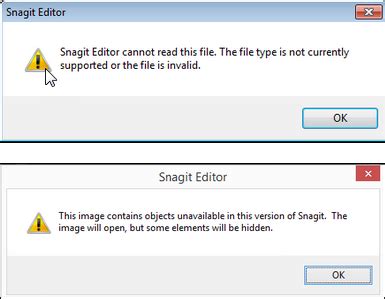 Snagit Windows エラー SNAG ファイルを開くと ファイルを読み込めませんオブジェクトが使用できません TechSmith サポート