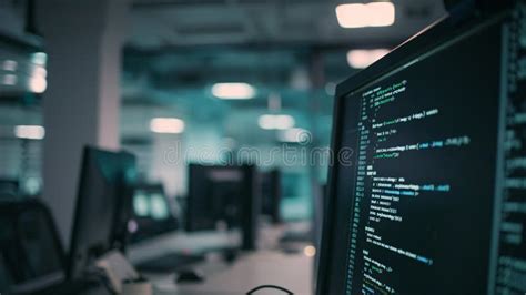 Programming Code On Screen In Contemporary Tech Office Workspace Stock