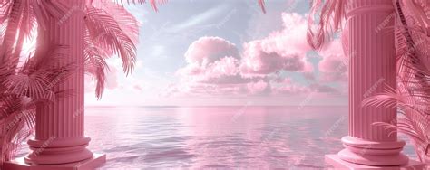 Pastel Pink Coastal Landscape With Columns And Palm Leaves Under A Serene Sky Premium Ai