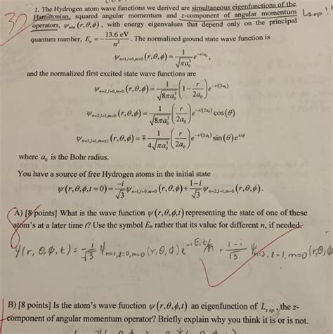 Solved 1 The Hydrogen Atom Wave Functions We Derived Are