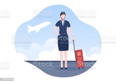 블루 유니폼을 입은 스튜어디스 또는 에어 호스티스와 만화 벡터 일러스트레이션으로 공항에서 여행 가방을 들고 다니십시오 공항에 대한 스톡 벡터 아트 및 기타 이미지 Istock
