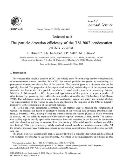 Pdf The Particle Detection Efficiency Of The Tsi 3007 Condensation