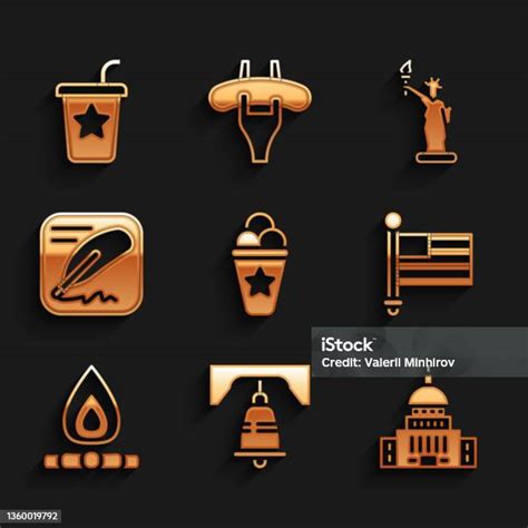 와플 콘 리버티 벨 필라델피아 백악관 미국 국기 캠프파이어 독립 선언 동상 및 밀짚 아이콘종이유리에 아이스크림을 놓습니다 벡터 4세기에 대한 스톡 벡터 아트 및 기타 이미지