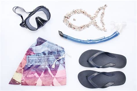 흰색 배경에 스노클링을위한 다양한 해변 액세서리 휴가 및 여행 바다와 바다 항목 최고 전망 관광에 대한 스톡 사진 및 기타 이미지 Istock