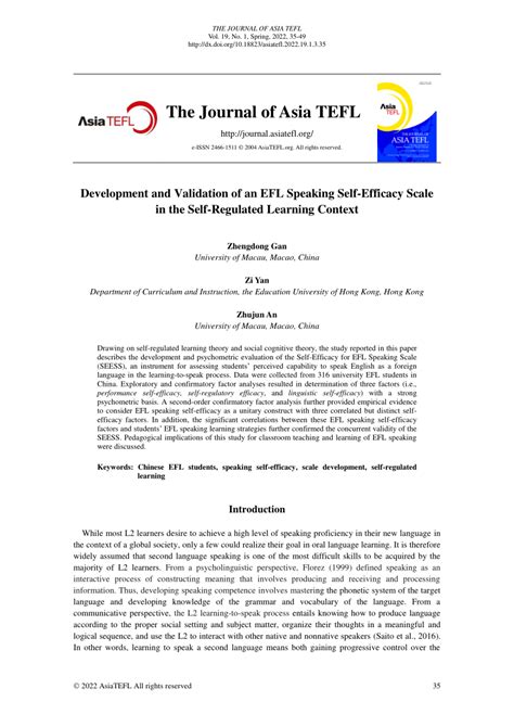 Pdf Development And Validation Of An Efl Speaking Self Efficacy Scale In The Self Regulated