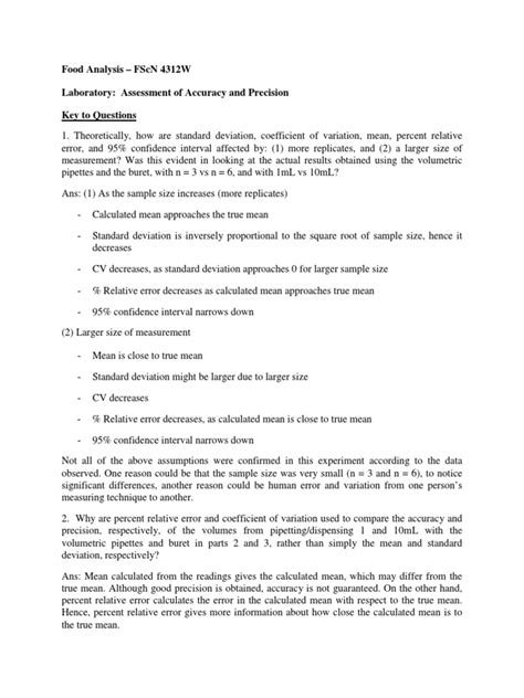Lab 2 Accuracy And Precision Key To Questions 1 Pdf Accuracy
