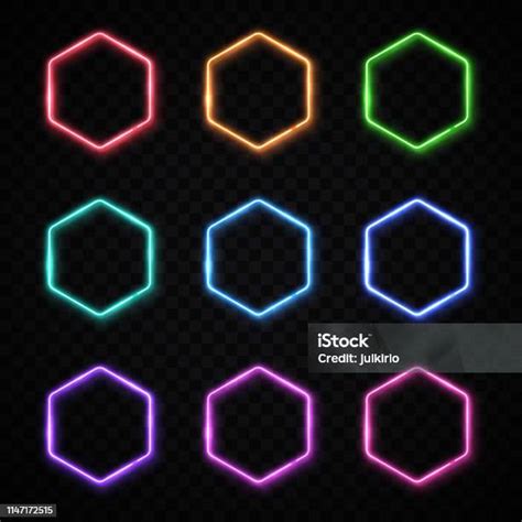 육각형 네온 배너 설정 합니다 빛나는 전기 국경 컬렉션입니다 빈 텍스트 공간을 가진 육각형 빛 표지판 투명 한 배경에 전기