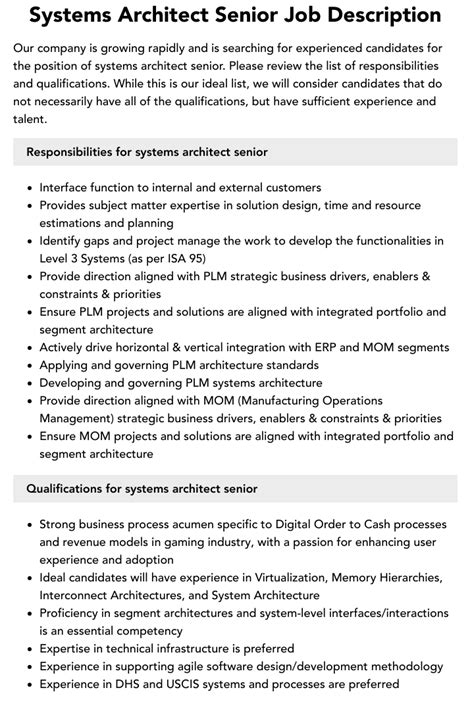 Systems Architect Senior Job Description Velvet Jobs