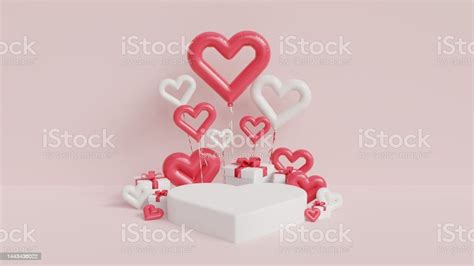 3d 렌더링 하트 모양 제품 연단은 발렌타인 데이 마케팅 캠페인을 위한 선물 상자가 있는 분홍색과 흰색 하트 모양 풍선으로 장식합니다 개념에 대한 스톡 사진 및 기타 이미지