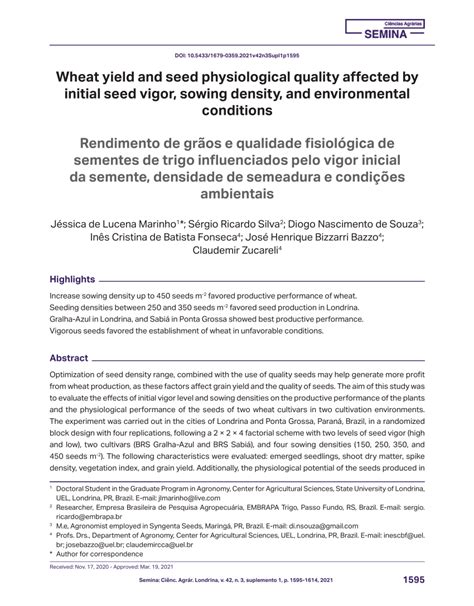 Pdf Wheat Yield And Seed Physiological Quality Affected By Initial Seed Vigor Sowing Density