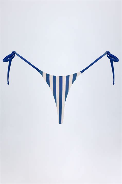 Montalcino Side Tie Thong Bikini Bottoms In Marine Blue Stripe Oh Polly