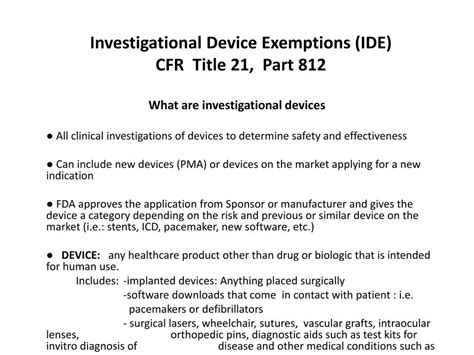 PPT Investigational Device Exemptions IDE CFR Title 21 Part 812 PowerPoint Presentation