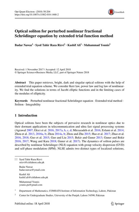 Pdf Optical Soliton For Perturbed Nonlinear Fractional Schrödinger Equation By Extended Trial