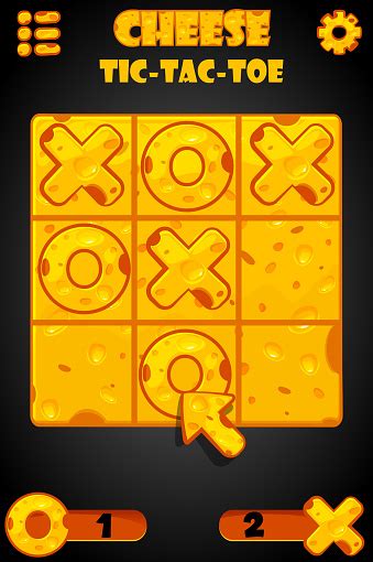 치즈 스타일의 Tictactoe 커서 화살표가 있는 Ui 게임 벡터 만화 전략 게임 Noughts 및 Crosses 모바일 게임 개발 Ui를 위한 보드 로직 게임 0에 대한