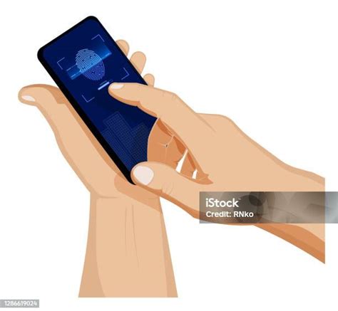 남자는 손에 지문 스캐너와 스마트 폰을 보유하고 모바일 식별 앱에 대한 사람 지문 스캔 데이터를 검색하기 위해 장치를 검색합니다 벡터 Criminal