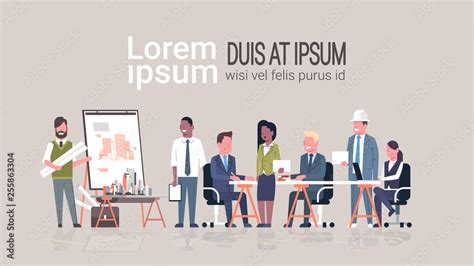 Man Architect Showing Drawing Building Blueprint On Easel Board To Businesspeople Engineers