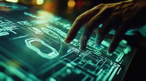 Engineer Interacting With Futuristic Glowing Touchscreen Interface