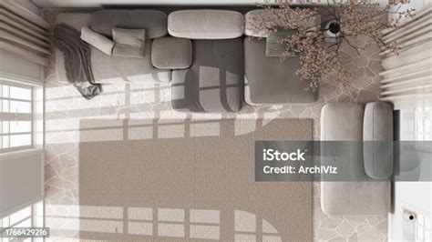 흰색과 베이지 톤의 현대적인 거실 베개와 카펫이 있는 벨벳 소파 화분에 심은 나무와 장식 미니멀한 인테리어 디자인 평면도 평면도 위 거실에 대한 스톡 사진 및 기타 이미지