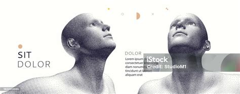 위를 올려다보는 남자 점으로 만든 추상적인 디지털 휴먼 헤드 텍스트에 대한 템플릿입니다 비즈니스 프레젠테이션 전단지 또는 포스터를 위한 미니멀한 디자인 3d 벡터 일러스트