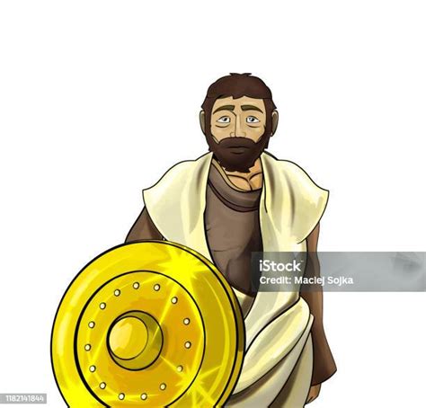 흰색 배경에 로마 또는 그리스 고대 문자 전사 또는 검투사와 만화 장면 검투사에 대한 스톡 벡터 아트 및 기타 이미지 검투사