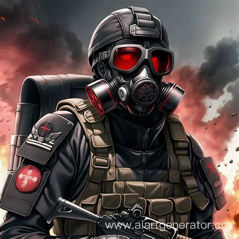 Intense Anime Soldier In Black Armor And Redglare Gas Mask Ai Art