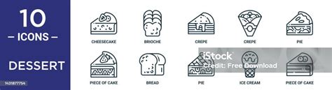 디저트 개요 아이콘 세트에는 얇은 라인 치즈 케이크 크레이프 파이 빵 아이스크림 케이크 조각 보고서 프리젠 테이션 다이어그램 웹