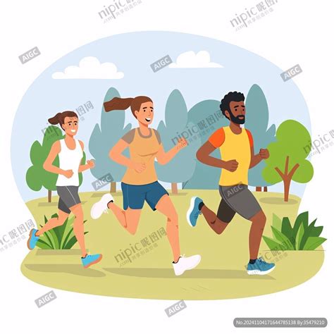 Ai创作图健身晨跑人物插画 绘本运动跑步插画 夏天人物清晨跑步 扁平风运动 公园跑步活动 奔跑的人物 健康跑步活动 卡通运动健身 运动休闲人物