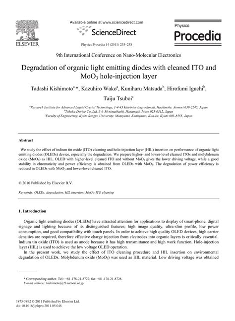 Pdf Degradation Of Organic Light Emitting Diodes With Cleaned Ito And Moo3 Hole Injection Layer