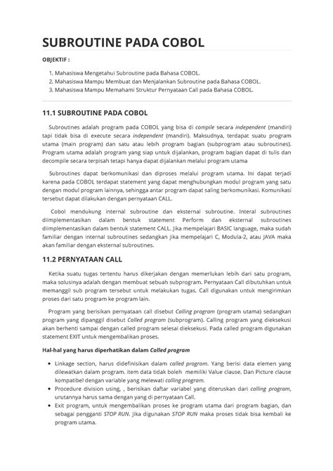 11 Subroutine Pada Cobol Subroutine Pada Cobol Objektif Mahasiswa