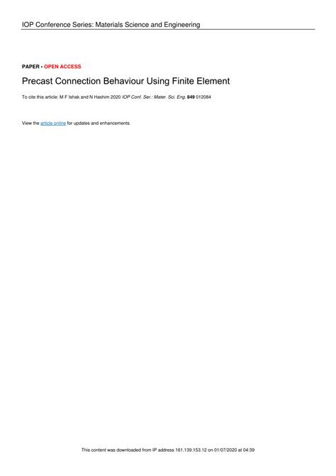 Pdf Precast Connection Behaviour Using Finite Element