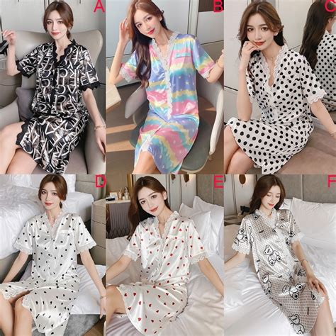 Korean Fashion Women M Xl Silk Satin Nightdress Female Short Sleeves Nightwear Homewear