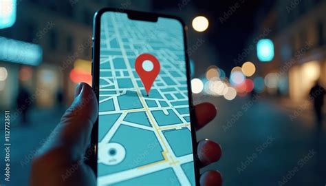 Person Holds Mobile Device Showing Digital Map Urban Night Background