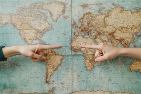 Hands Pointing In Opposite Directions Over World Map Signify