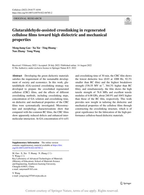 Glutaraldehyde Assisted Crosslinking In Regenerated Cellulose Films