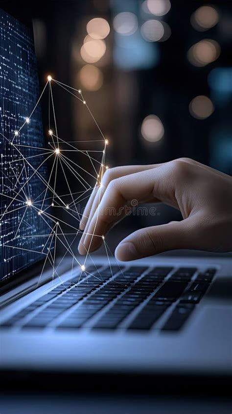 a person types on a laptop as glowing code lines appear against a blue