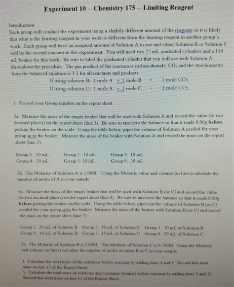 solved experiment 10 chemistry 175 limiting reagent