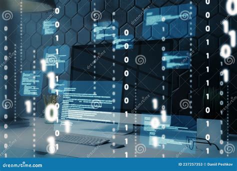 Close Up Of Desktop With Computers And Abstract Coding Binary Code