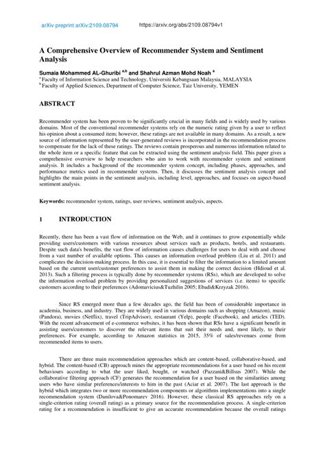 Pdf A Comprehensive Overview Of Recommender System And Sentiment Analysis
