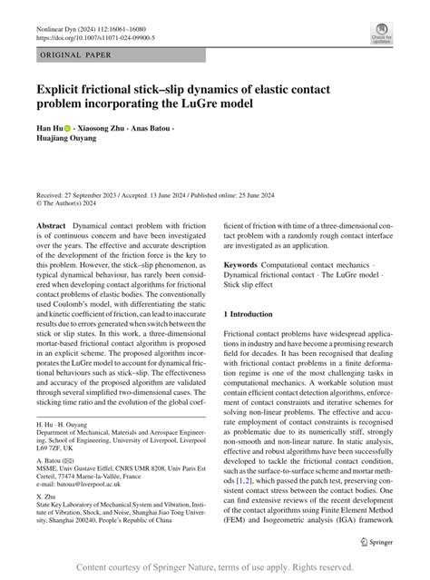 Pdf Explicit Frictional Stick Slip Dynamics Of Elastic Contact Problem Incorporating The Lugre