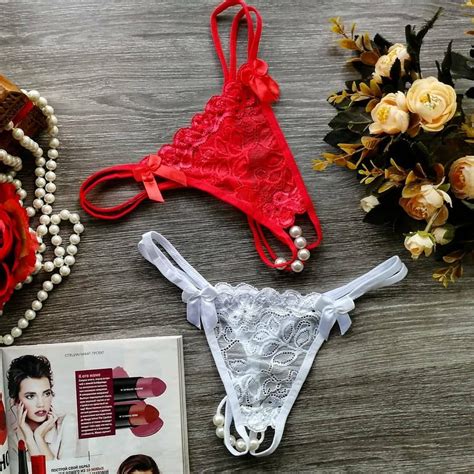 Thong In Stretch Lace With Plastic Pearl Beads Crotchless Etsy
