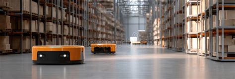 Modern Warehouse Interior Showcases Smart Delivery Robots Navigating Aisles Filled With Stacked