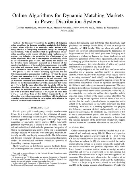PDF Online Algorithms For Dynamic Matching Markets In Energy Distribution Systems