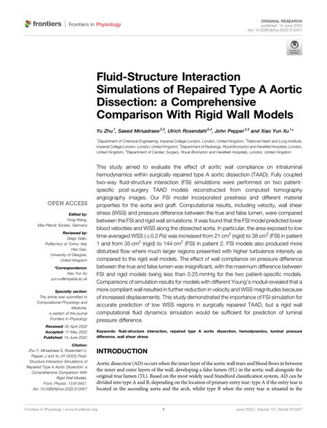 Pdf Fluid Structure Interaction Simulations Of Repaired Type A Aortic Dissection A