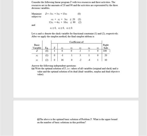 solved consider the following linear program p with two