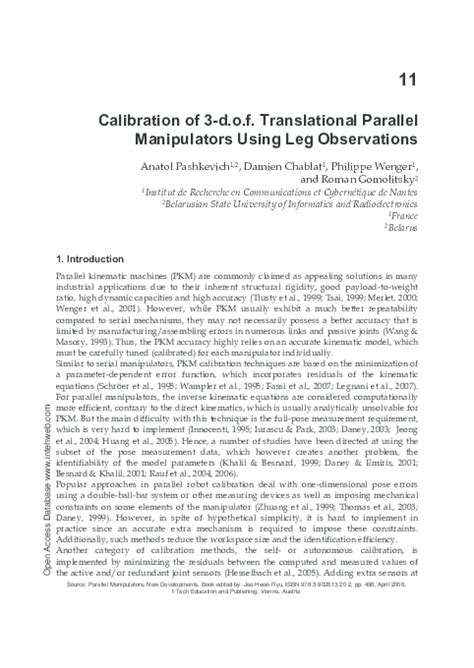 Pdf Calibration Of 3 Dof Translational Parallel Manipulators Using Leg Observations A