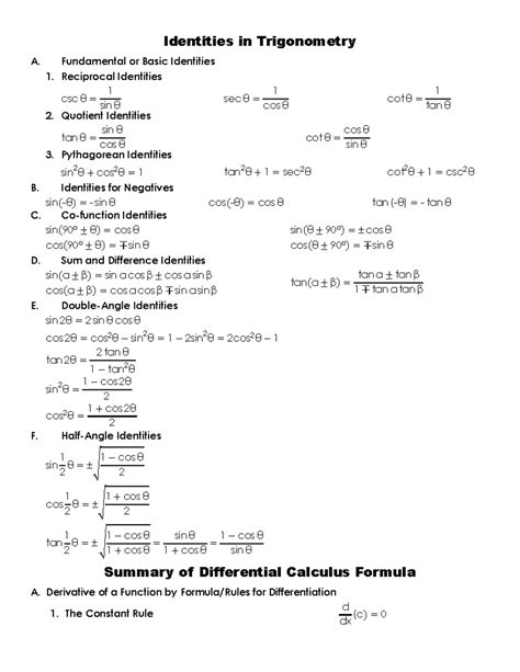 Integral Calculus Formula Sheet Trigonometric And Differential