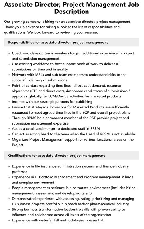 Associate Director Project Management Job Description Velvet Jobs