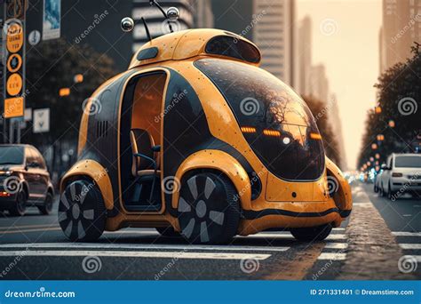 Small Robot Taxi Rides Along Big City Street Artificial Intelligence Controls The Car Stock