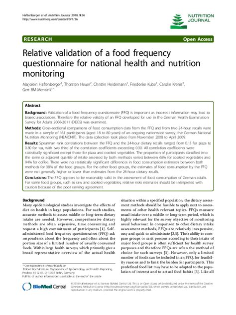 Pdf Relative Validation Of A Food Frequency Questionnaire For National Health And Nutrition
